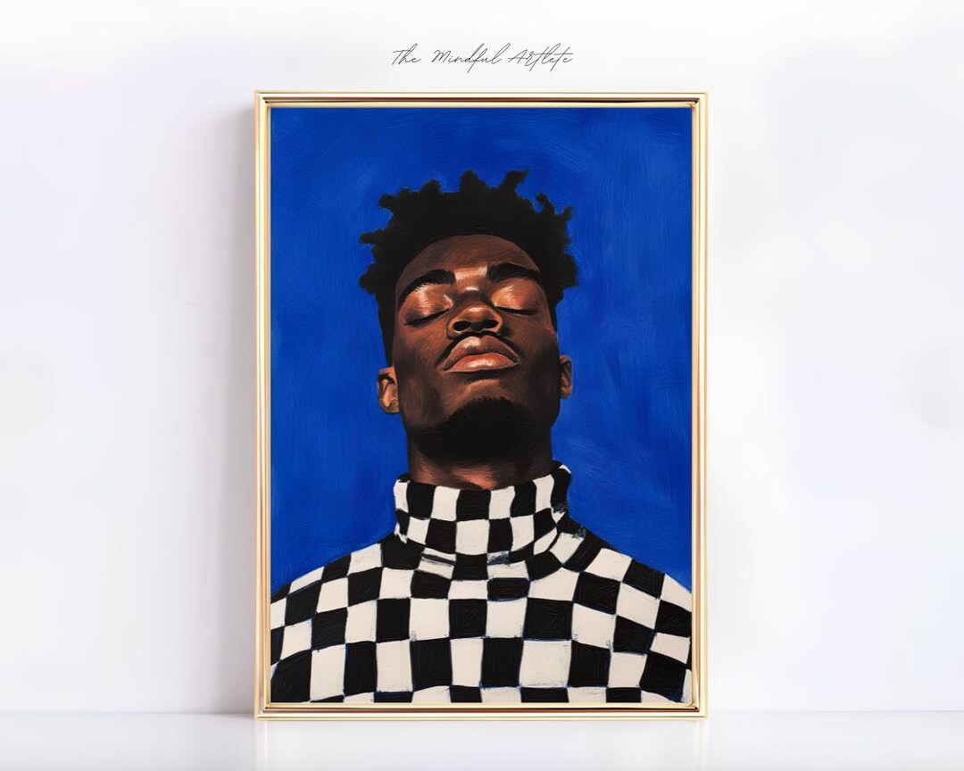 Black Man Portrait Eclectic Indigo Blue Abstract People Art Checkered ...