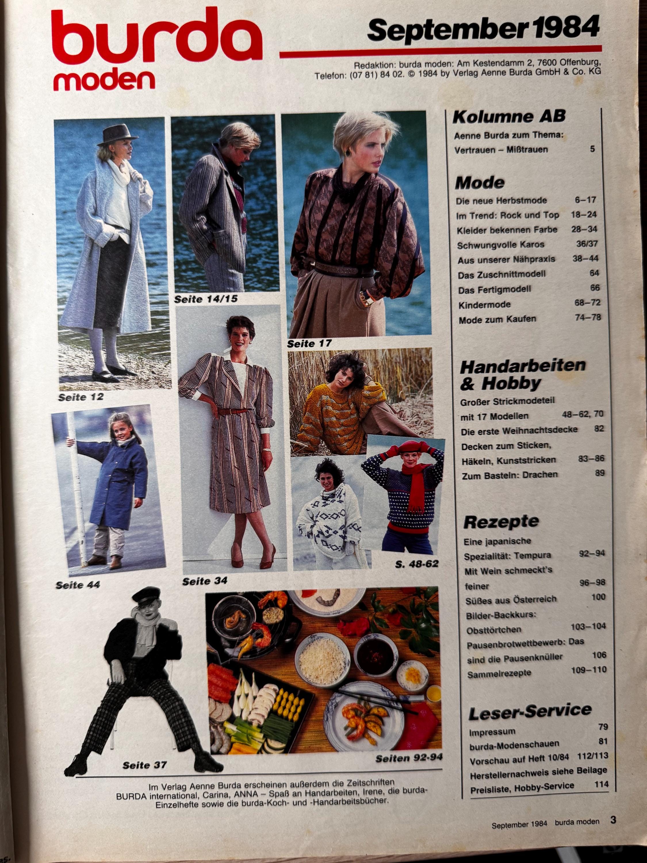 Burda Moden 9/1984 Fashion Magazine With Patterns and Instructions - Etsy