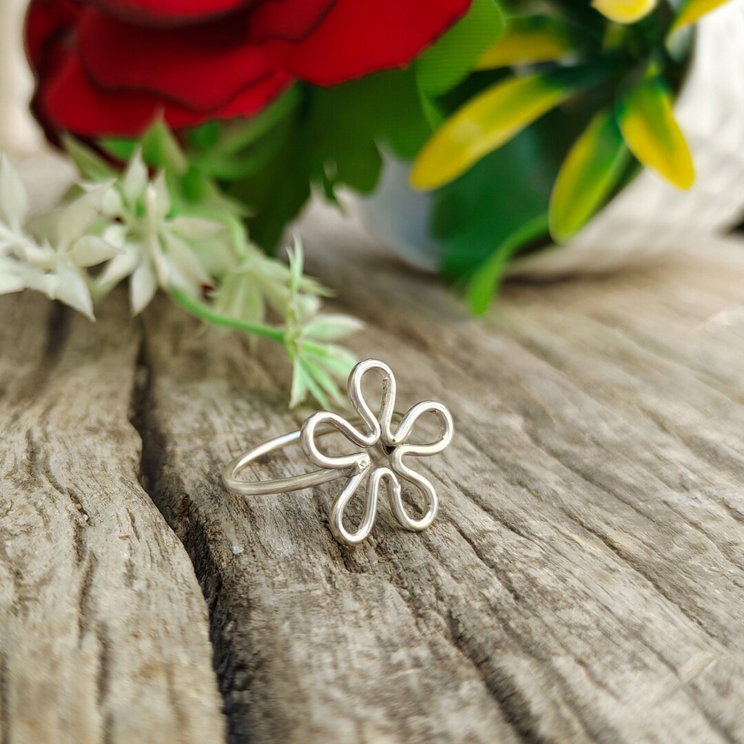 Birth Flower Silver Ring, Stack Flower Rings, Dainty Birth Flower Ring ...