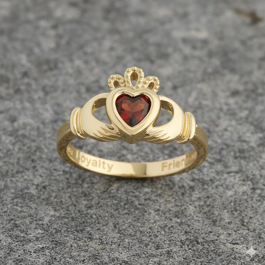 Gold Claddagh Ring With Heart Garnet - 925 Silver Celtic Promise Rings ...