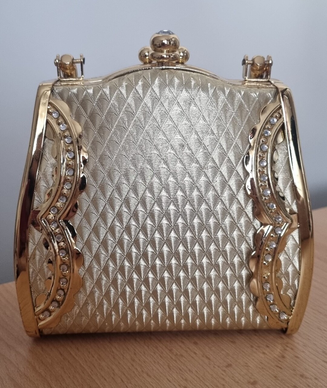 Vintage Gold Metal Purse Handbag With Rhinestones Adorable Hard Shell ...