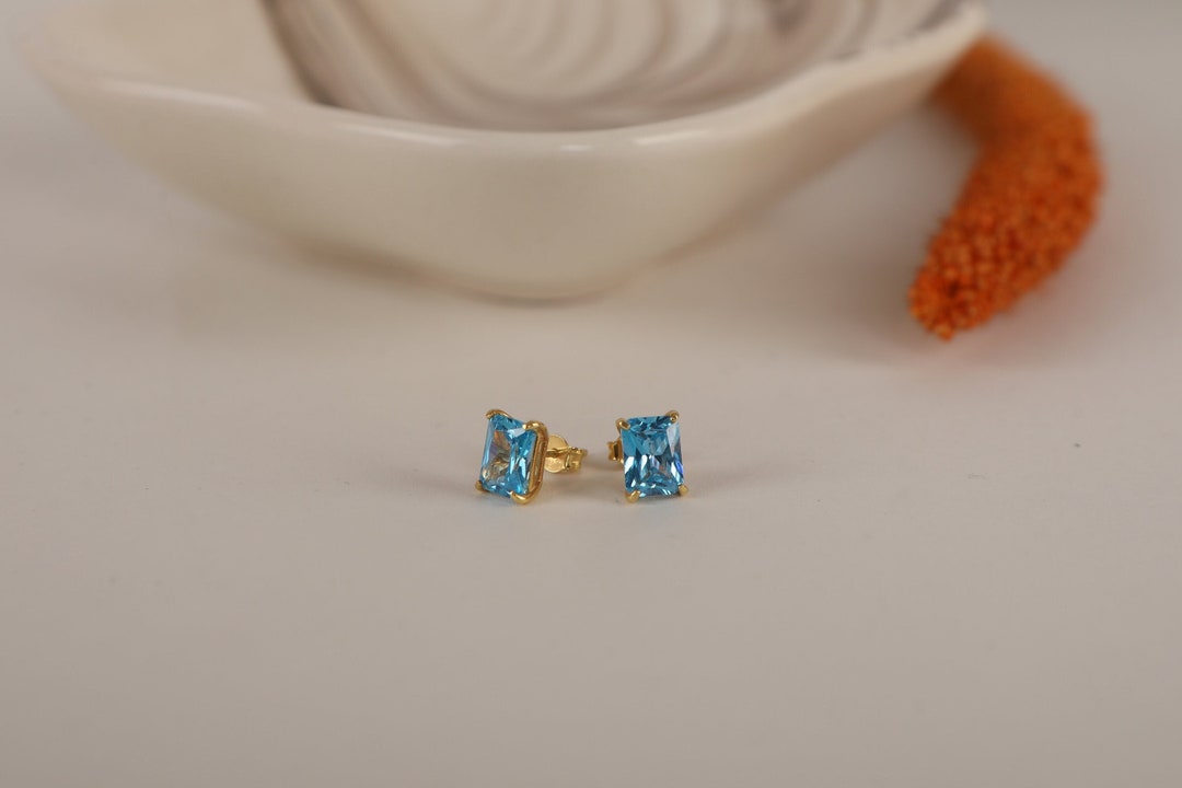 Blue Diamond Solitaire Earrings in Silver and Gold, 14k Solid Gold ...