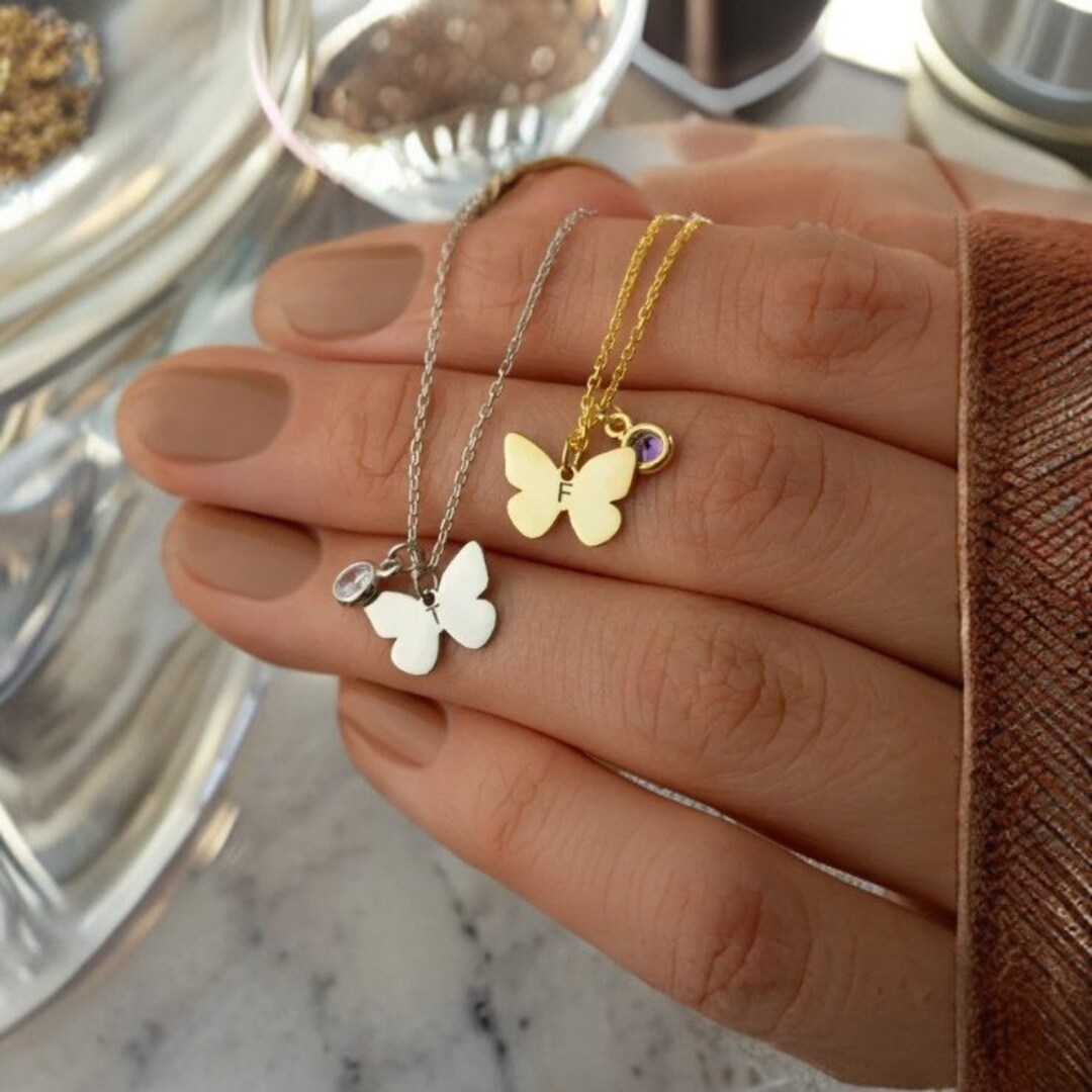 Silver Butterfly Birthstone Necklace, Silver Custom Letter Necklace ...