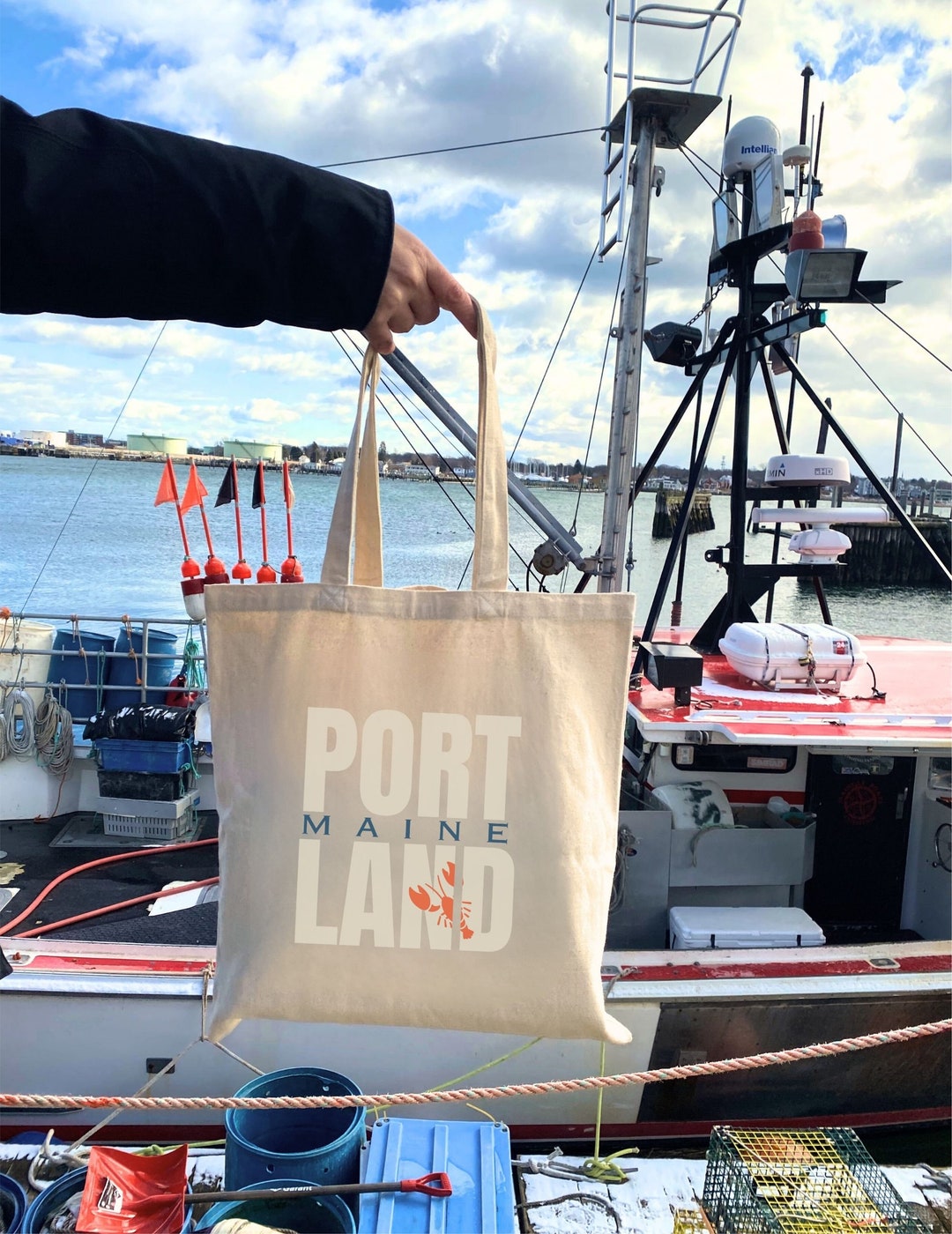 Portland Maine Souvenir, Tan Blue Orange Lobster Cotton Canvas Tote ...