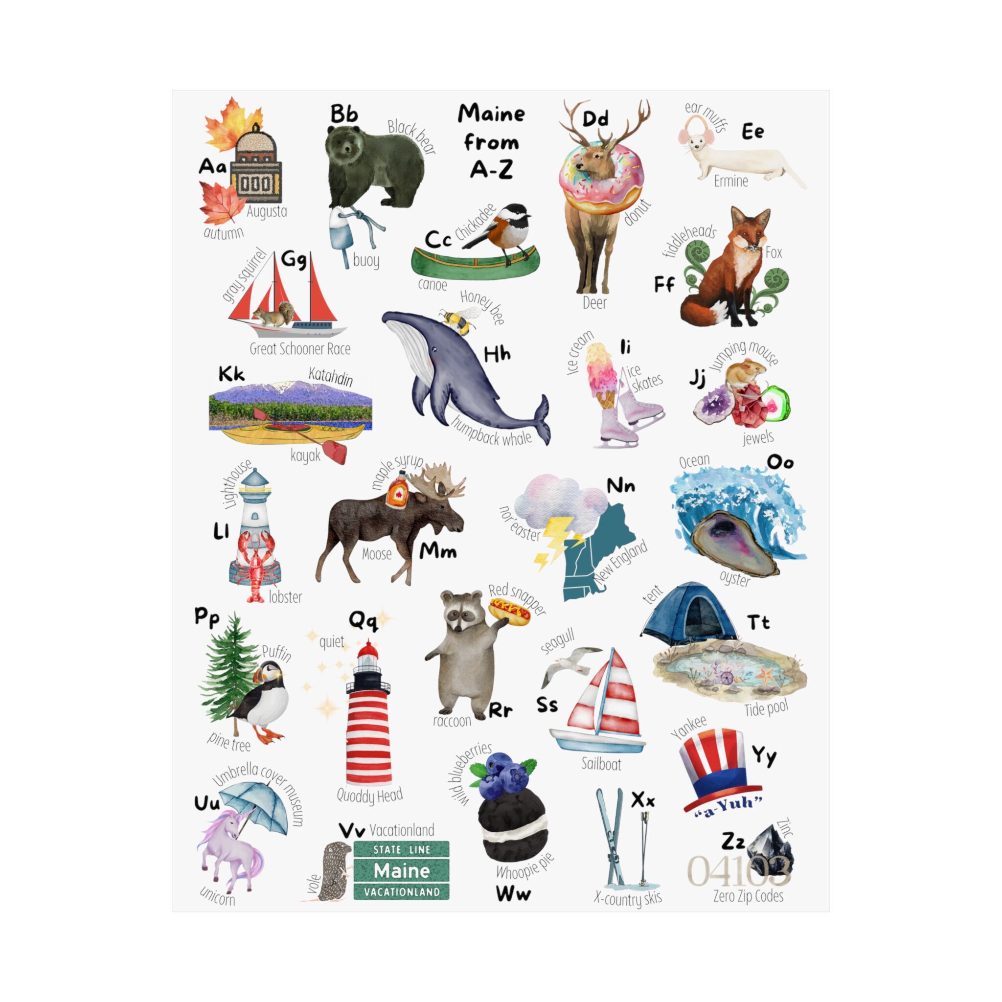 Maine Alphabet Poster - A to Z Pine Tree State Icons - Museum-grade Art ...