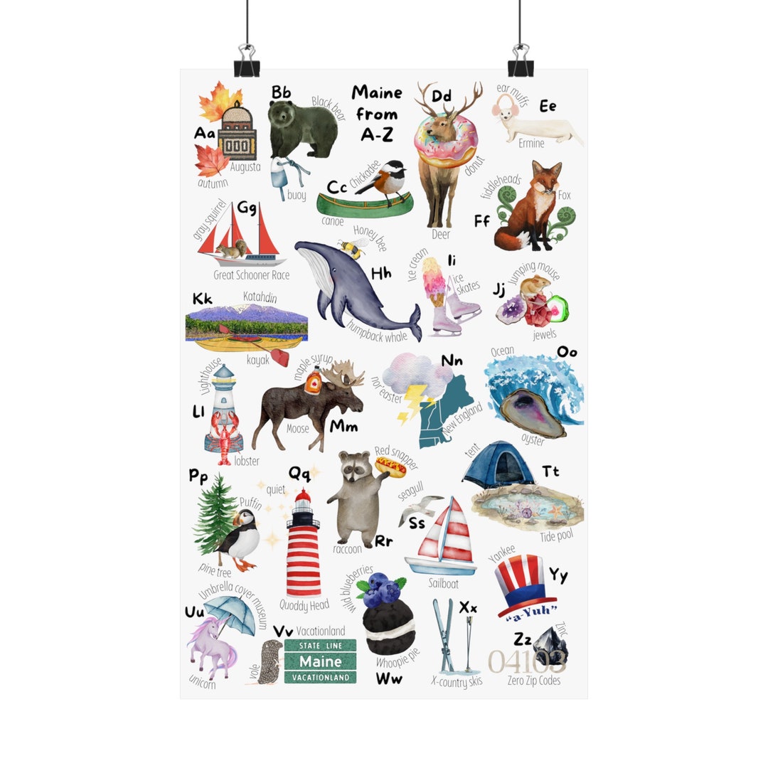 Maine Alphabet Poster - A to Z Pine Tree State Icons - Museum-grade Art ...