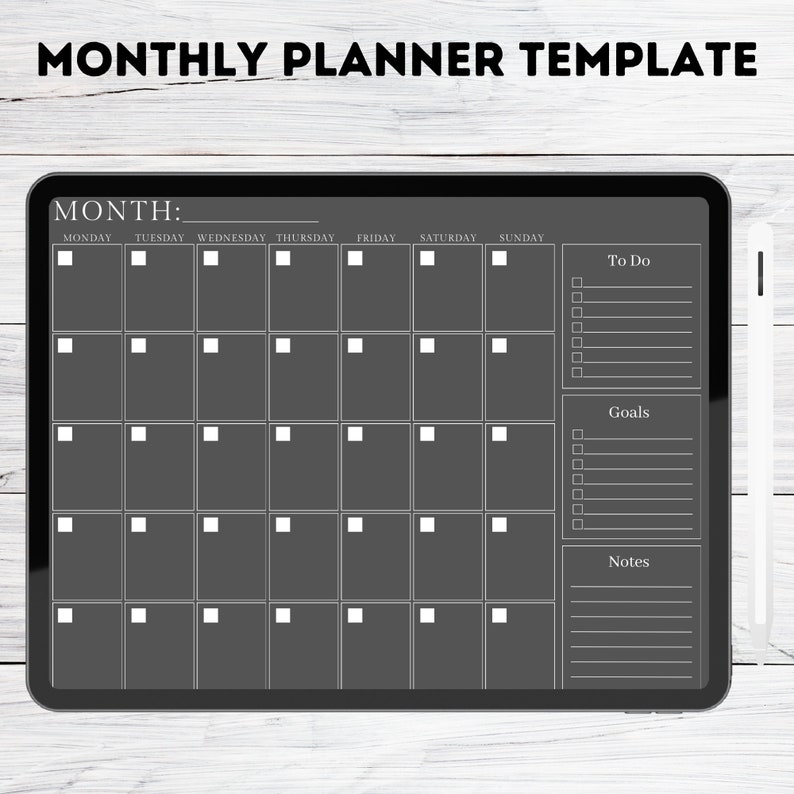 Monthly Planner Goodnotes Template, Dark Mode Monthly Planner Page ...