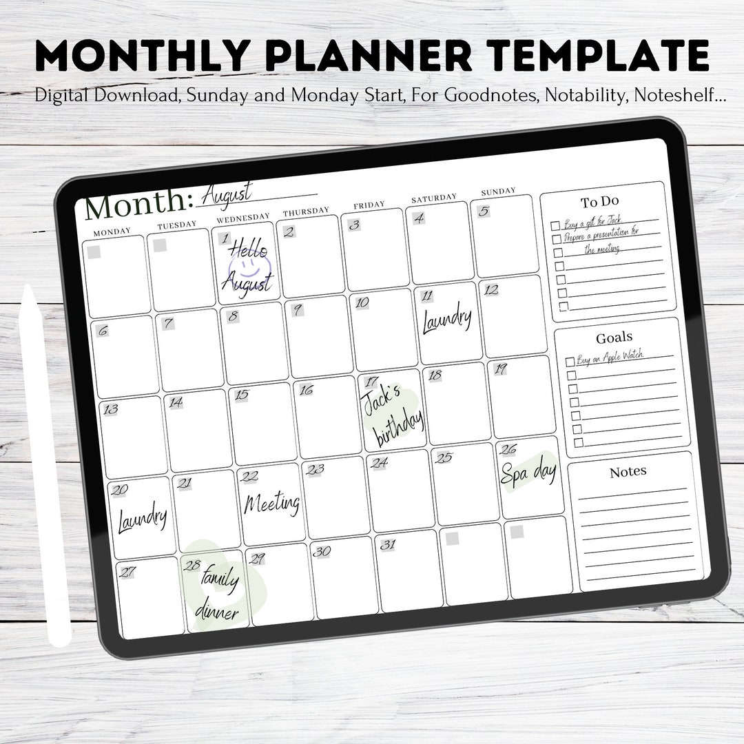 Monthly Planner Goodnotes Template, Undated Monthly Planner, Monthly ...
