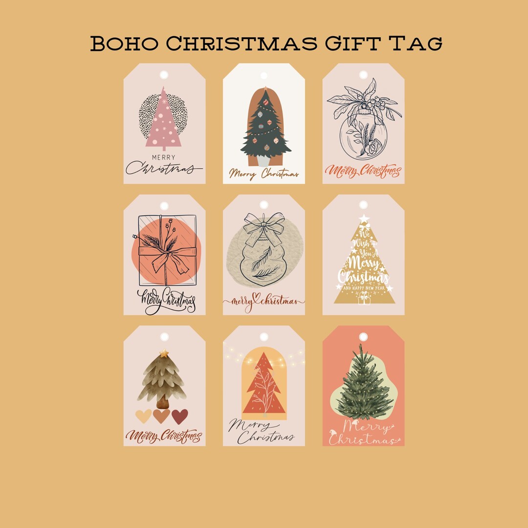 Boho Printable Christmas Gift Tags Set of 9, Printable Holiday Party ...