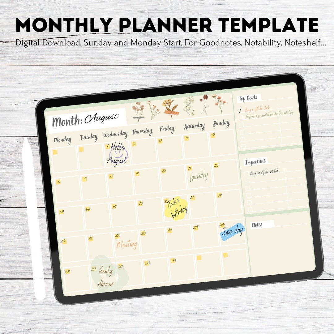 Monthly Planner Goodnotes Template, Undated Monthly Planner, Monthly ...