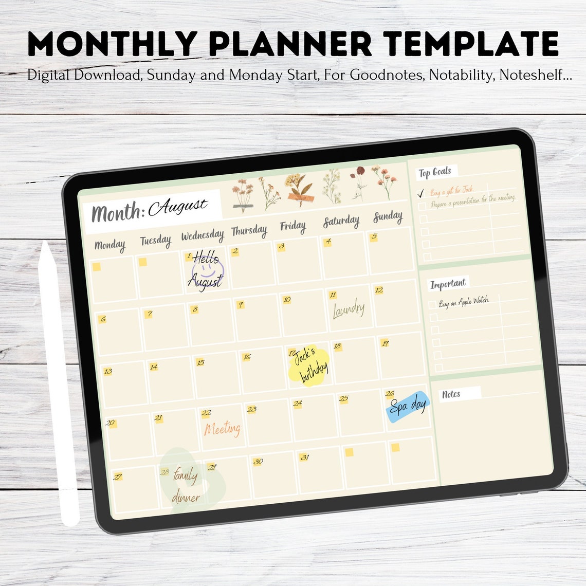 Monthly Planner Goodnotes Template, Undated Monthly Planner, Monthly ...