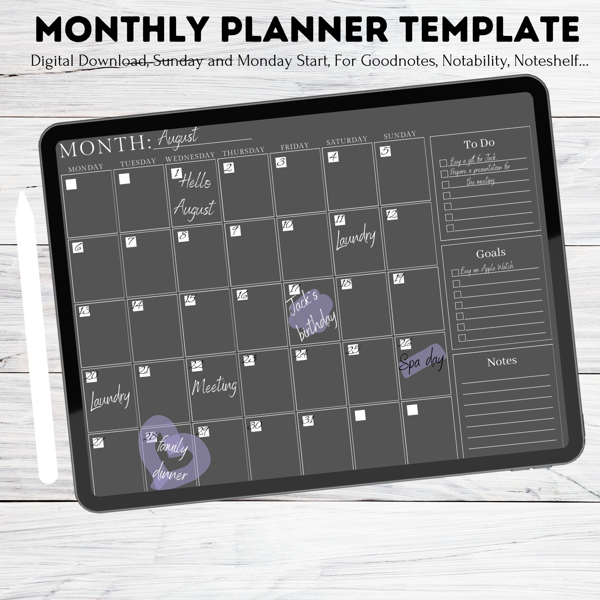 Monthly Planner Goodnotes Template, Dark Mode Monthly Planner Page ...