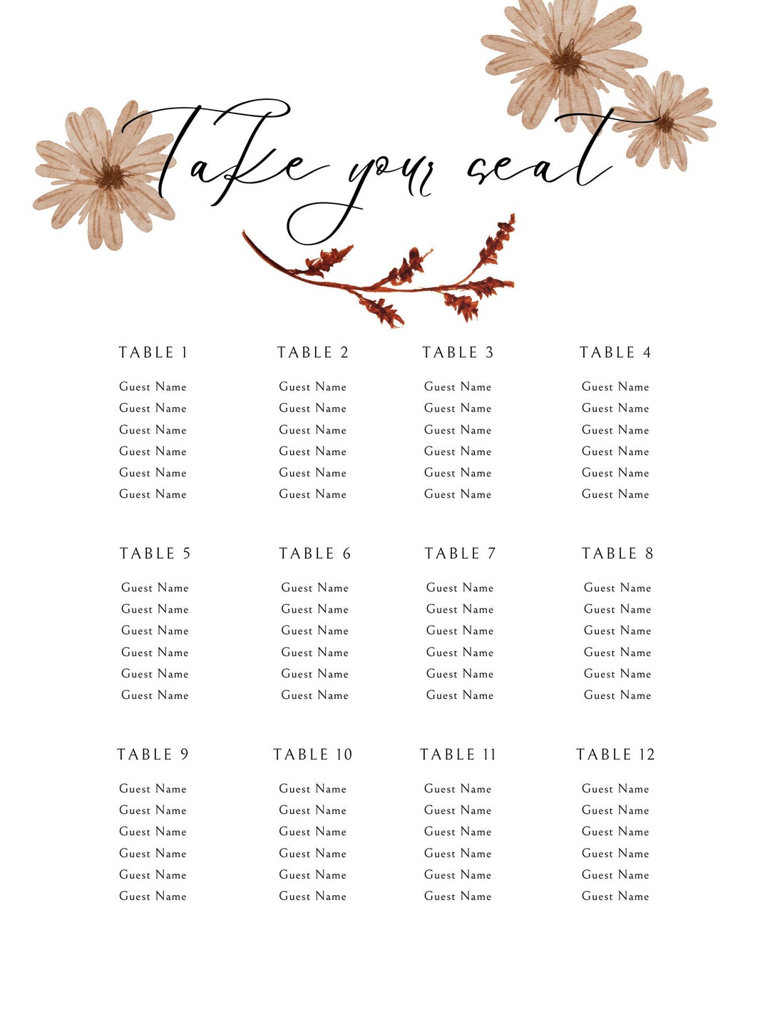 Rachel Reception Seating Chart Template - Etsy