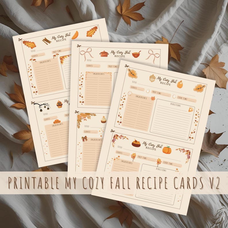My Cozy Fall Recipe Cards V2 | Printable Fall Recipe Template Set of 6 ...