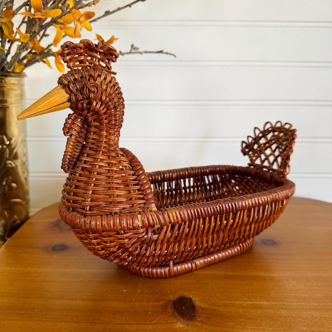 Vintage Wicker Rattan and Wood Turkey Basket Thanksgiving Woven Basket ...