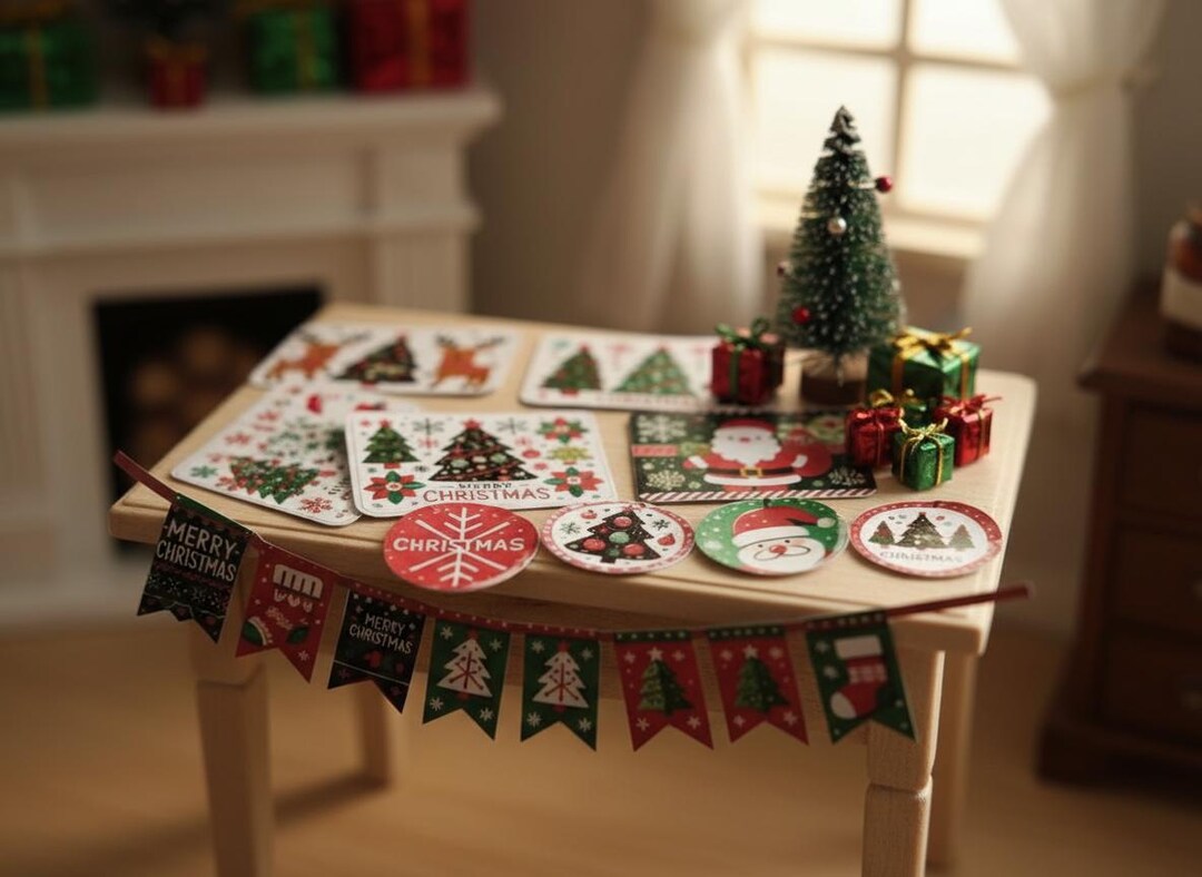 10 Items Christmas Banners, Plates, Plate Mats for 1:6 Dollhouse ...