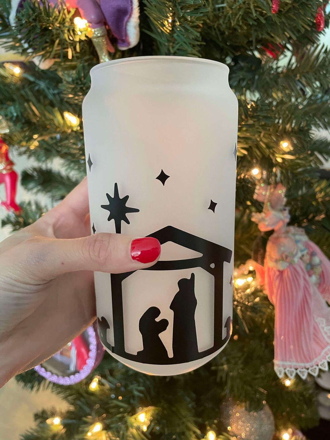 Frosted Nativity Scene Glass Cup, 18 Oz Glass Cup, Christmas 18oz Libby ...