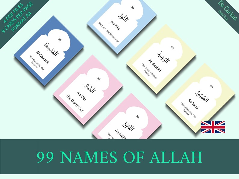 99 Names of Allah Printable Flashcards English Arabic Learn Islam Asma ...