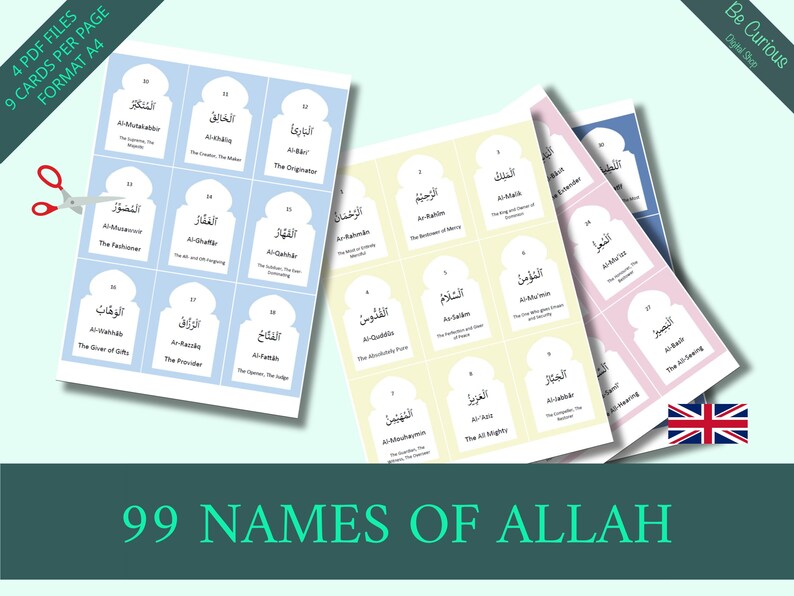 99 Names of Allah Printable Flashcards English Arabic Learn Islam Asma ...