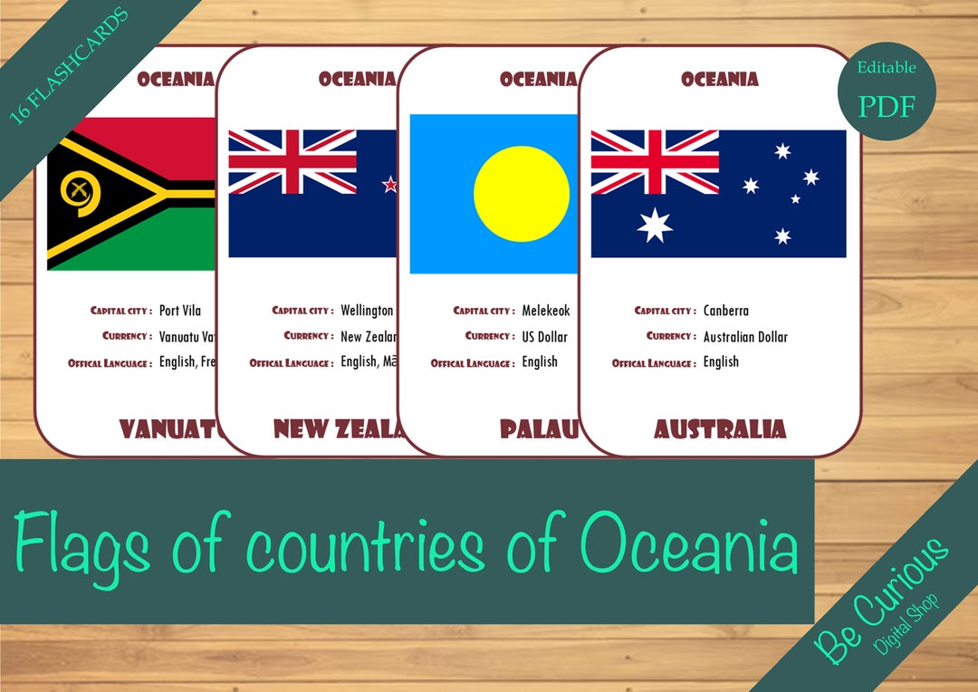 16 Flashcards of Oceanian Flags Capitals Currency Language - Etsy