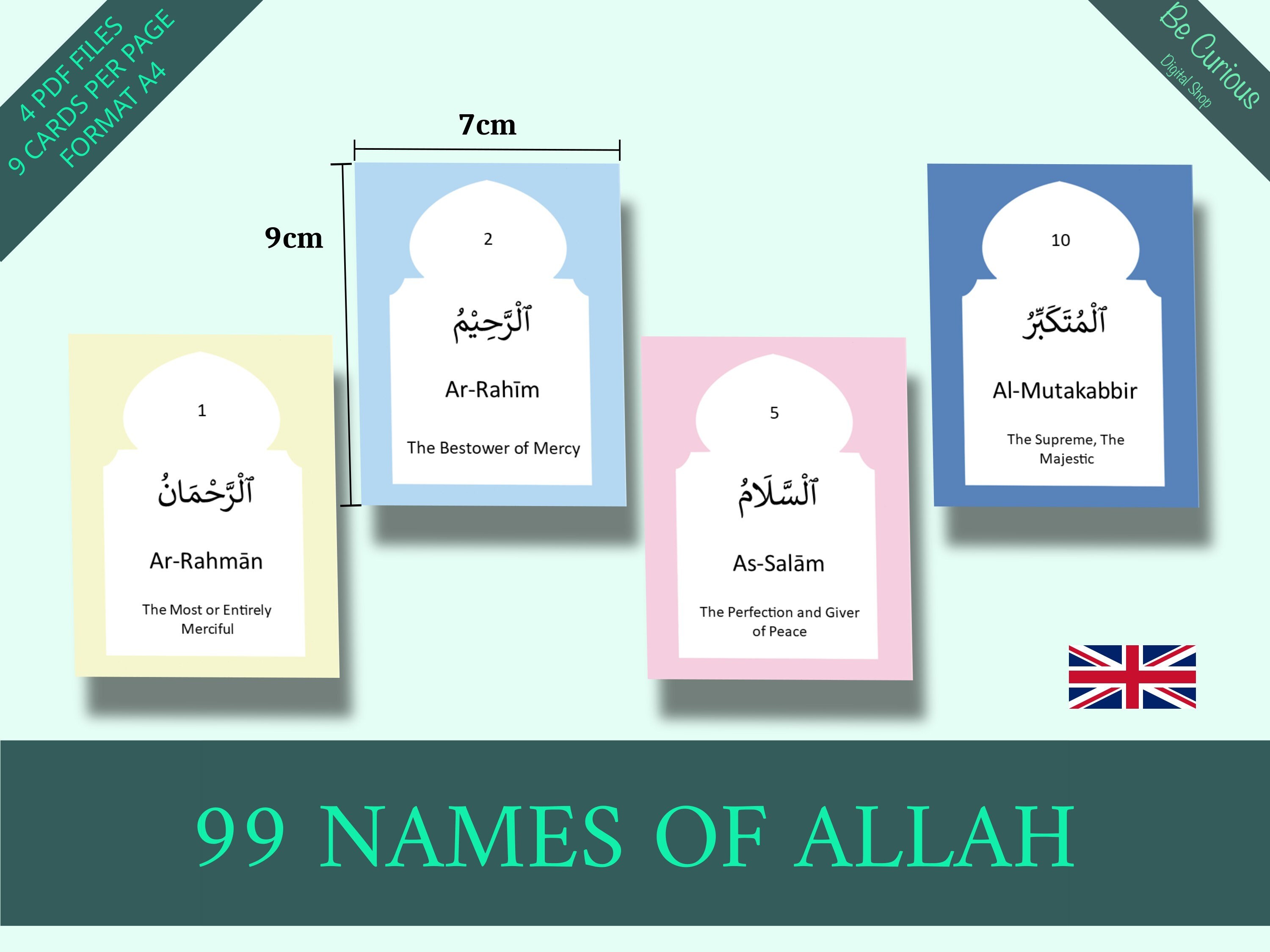 99 Names of Allah Printable Flashcards English Arabic Learn Islam Asma ...