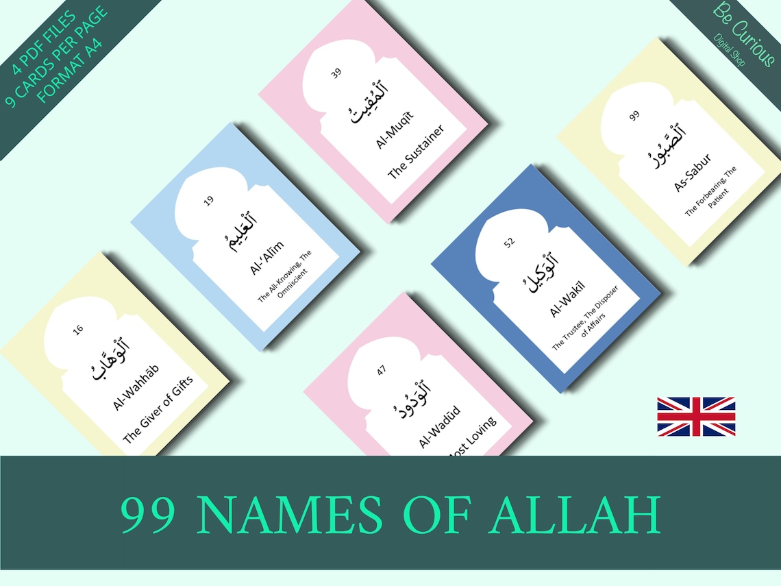99 Names of Allah | Printable Flashcards | English Arabic | Learn Islam ...