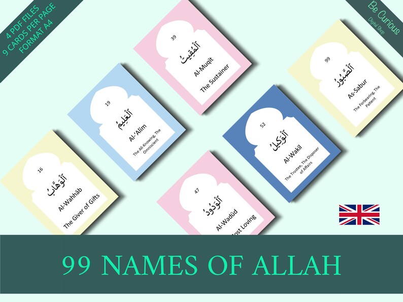 99 Names of Allah Printable Flashcards English Arabic Learn Islam Asma ...