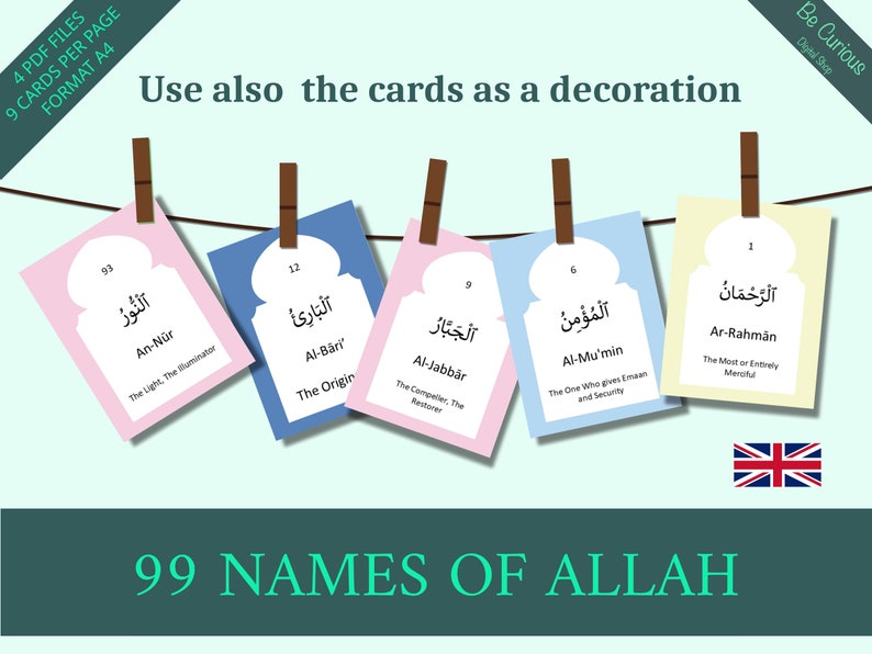 99 Names of Allah Printable Flashcards English Arabic Learn Islam Asma ...
