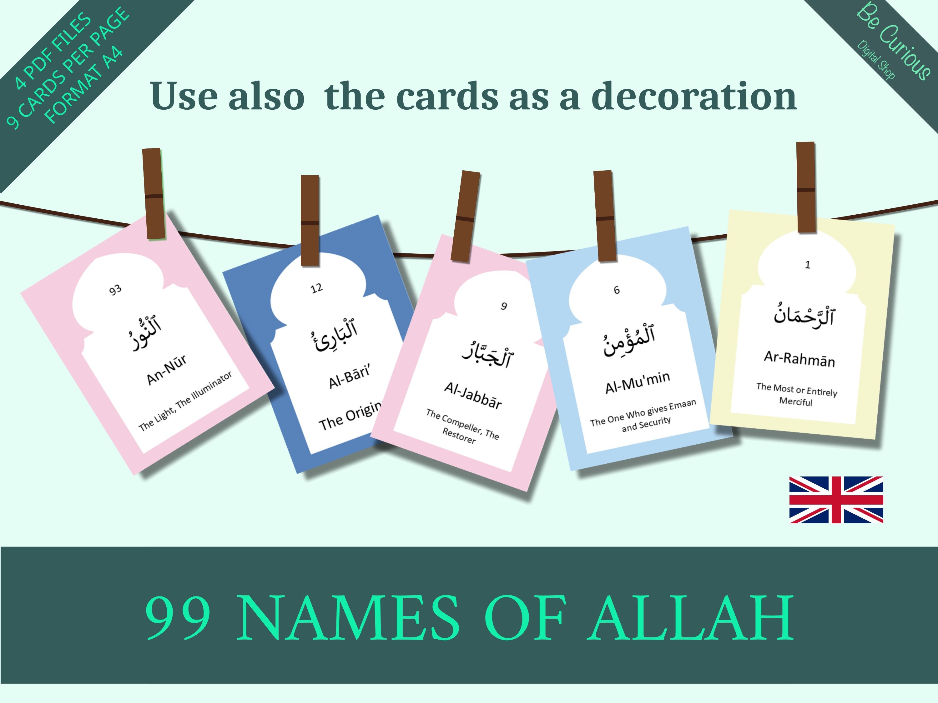 99 Names of Allah Printable Flashcards English Arabic Learn Islam Asma ...