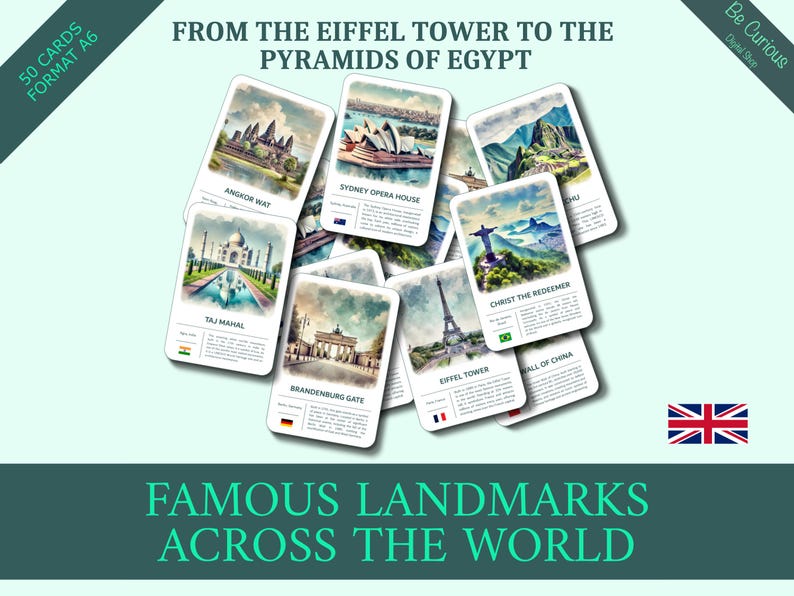 World Landmarks Flashcards | Watercolor Monuments, Geography Learning ...