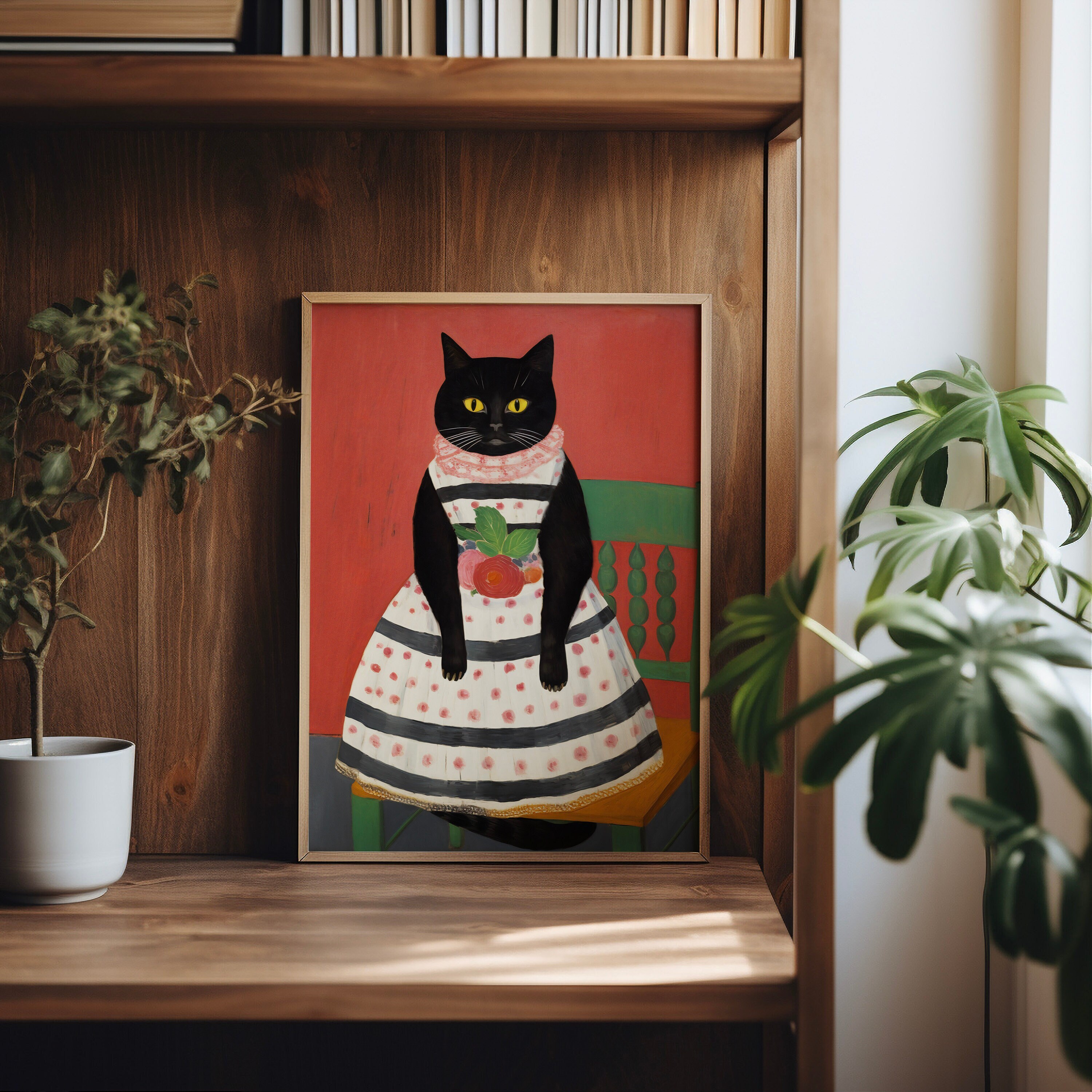 Cat With A Dress Portrait Funny Cat Print Black Cat Poster PRINTABLE Cat Art Funny Gift Vintage ...