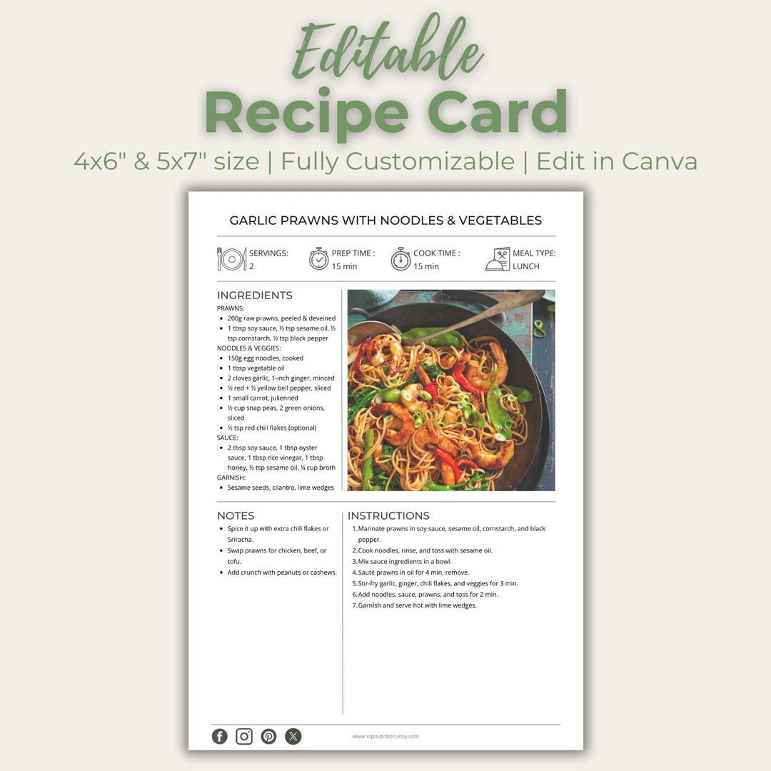 Editable Canva Recipe Card Template | Meal Planning Template | Kitchen ...