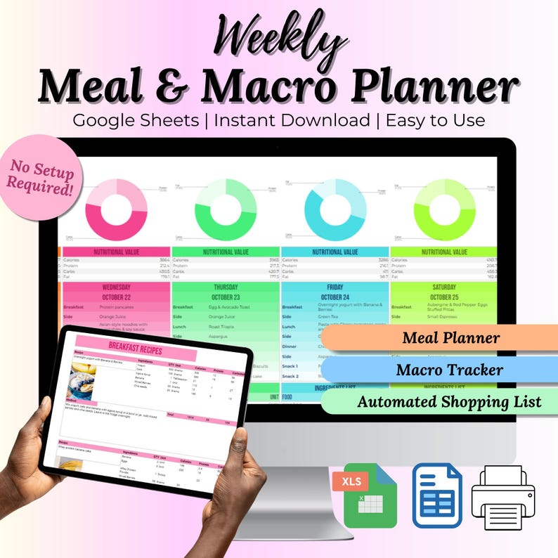 Weekly Meal Planner Google Sheets | Colorful Recipe Journal | Automatic ...