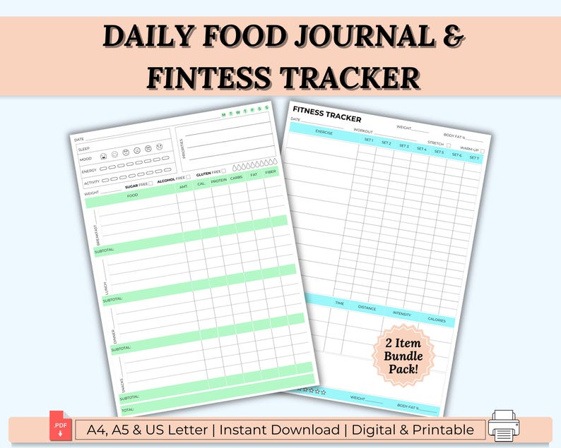 Daily Food Journal | Printable Exercise Tracker | Editable Meal Planner ...