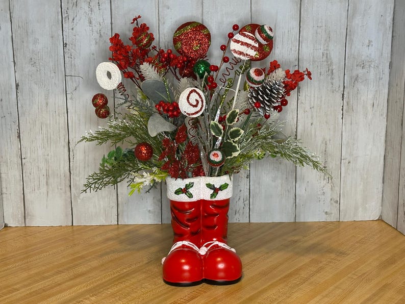 Santa Boots Floral Arrangement, Christmas Arrangement, Christmas Decor ...