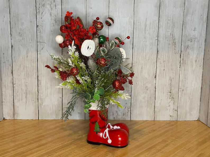 Santa Boots Floral Arrangement, Christmas Arrangement, Christmas Decor ...