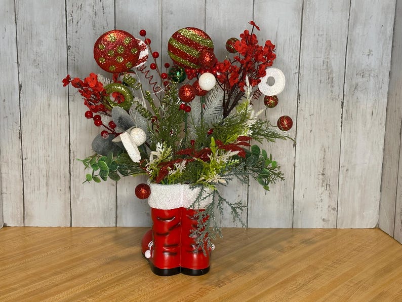 Santa Boots Floral Arrangement, Christmas Arrangement, Christmas Decor ...