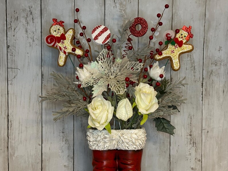 Santa Boots Floral Arrangement, Christmas Arrangement, Christmas Decor ...