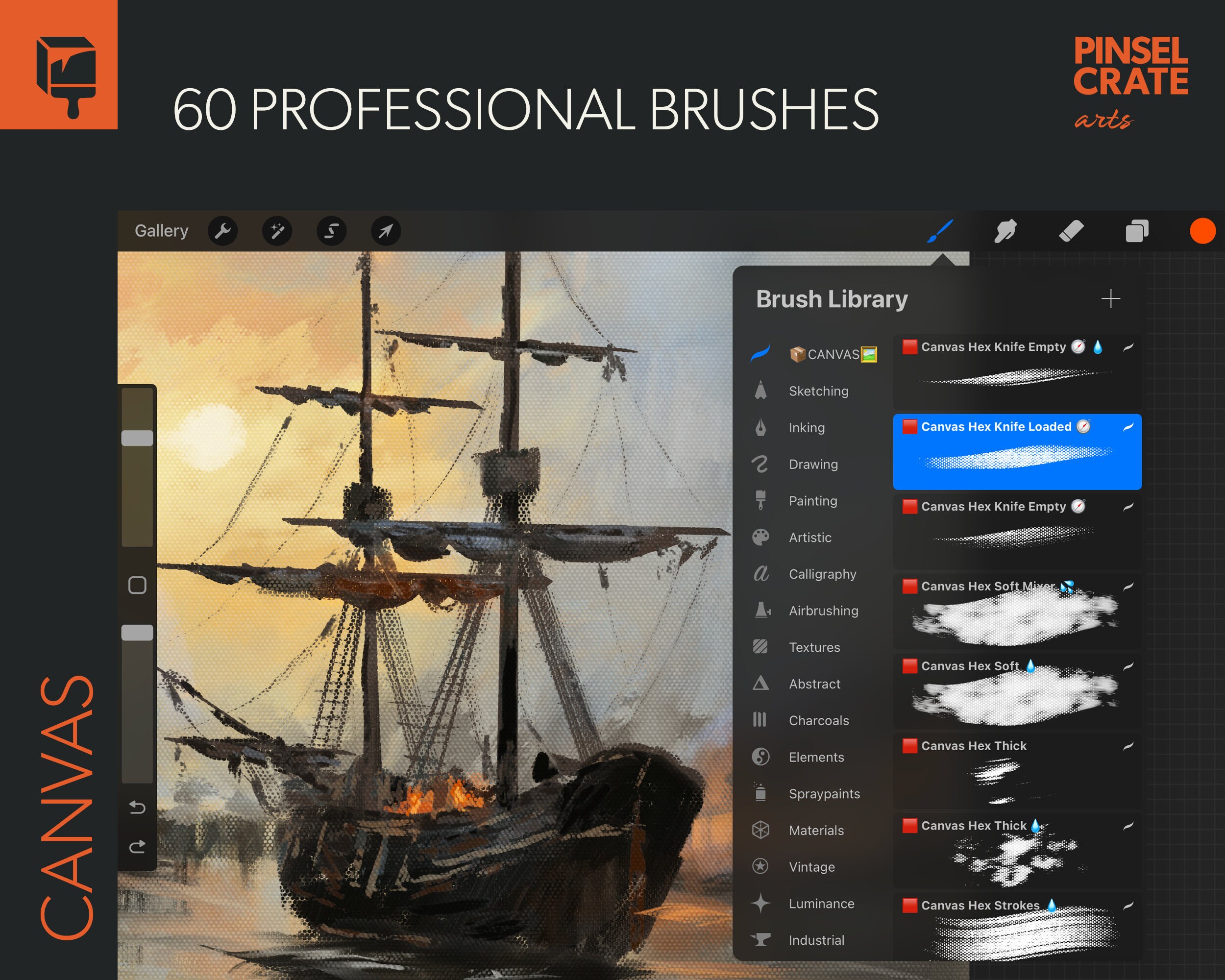 CANVAS 60 Professional Dynamic Brushes for Procreate, Digital Brushset, Realistic Authentic ...