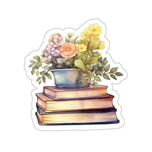 Stack of Books and Flowers Watercolor Sticker, Plant and Book Lover ...