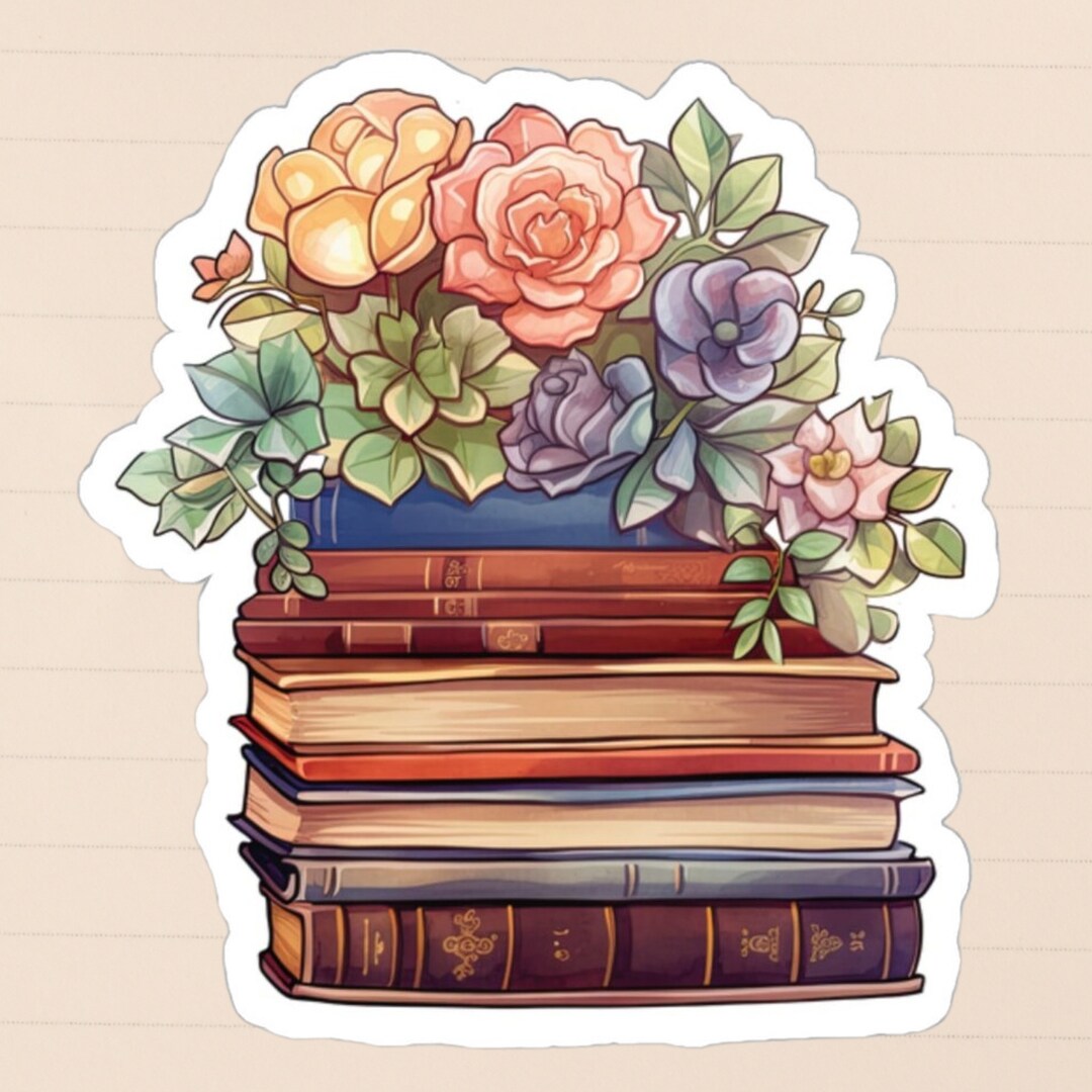 Botanical Book Stack Watercolor Sticker, Flowers Books Gift, Perfect ...