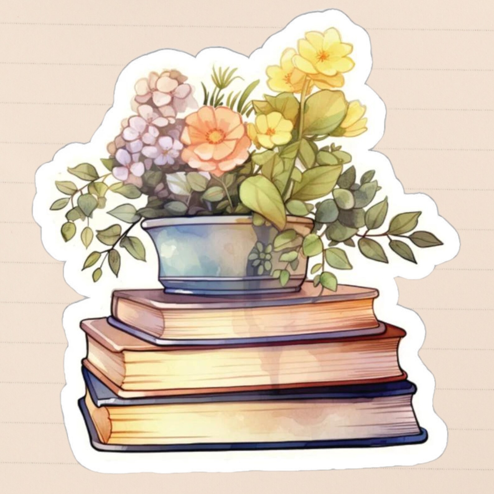 Stack of Books and Flowers Watercolor Sticker, Plant and Book Lover ...