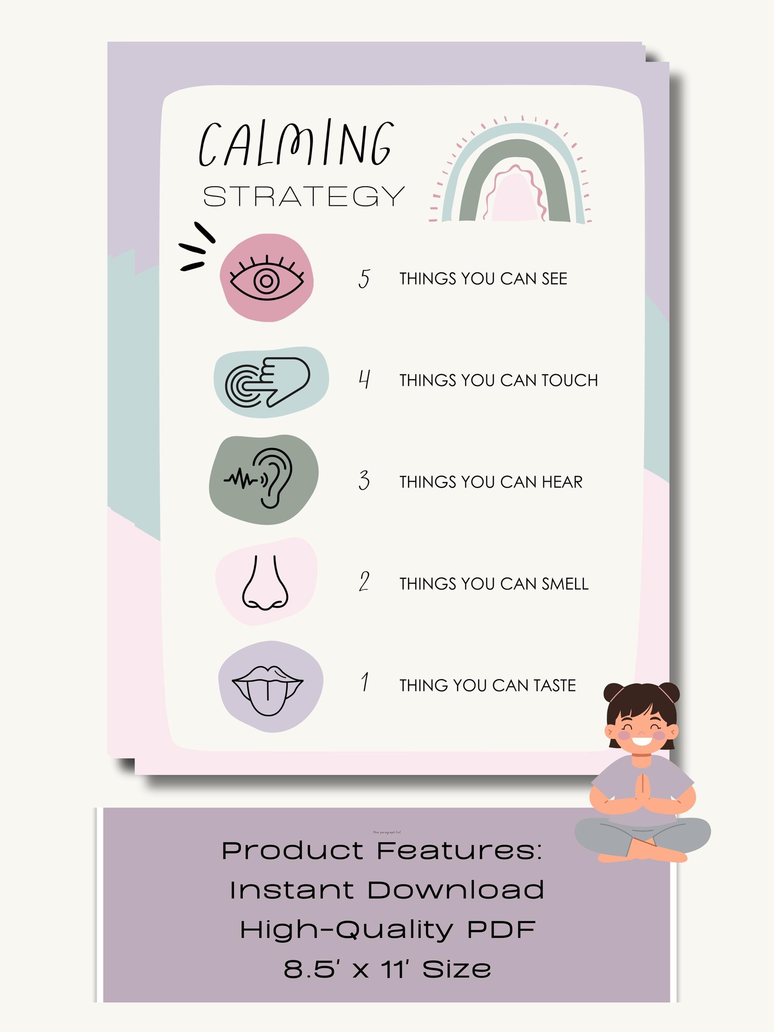 Kids Mindfulness Printable | Five Senses Grounding Activity | Calming ...
