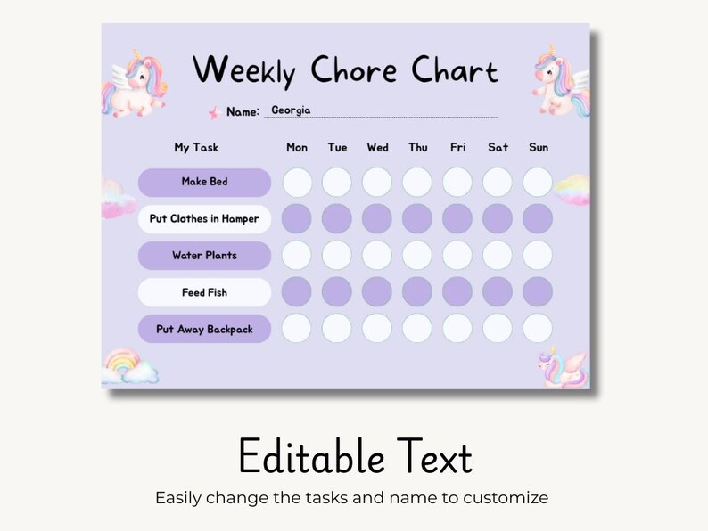 Editable Unicorn Chore Chart (printable PDF) - Etsy