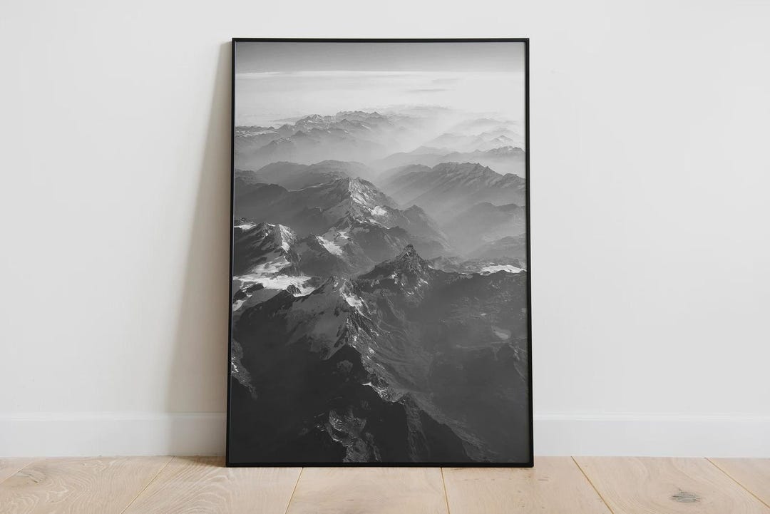 Black and White Mountain Poster, Cloud-covered Peaks Wall Art ...