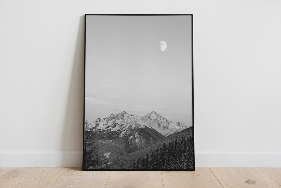 Monochrome Mountain Poster, Black and White Landscape Print, Snowy ...