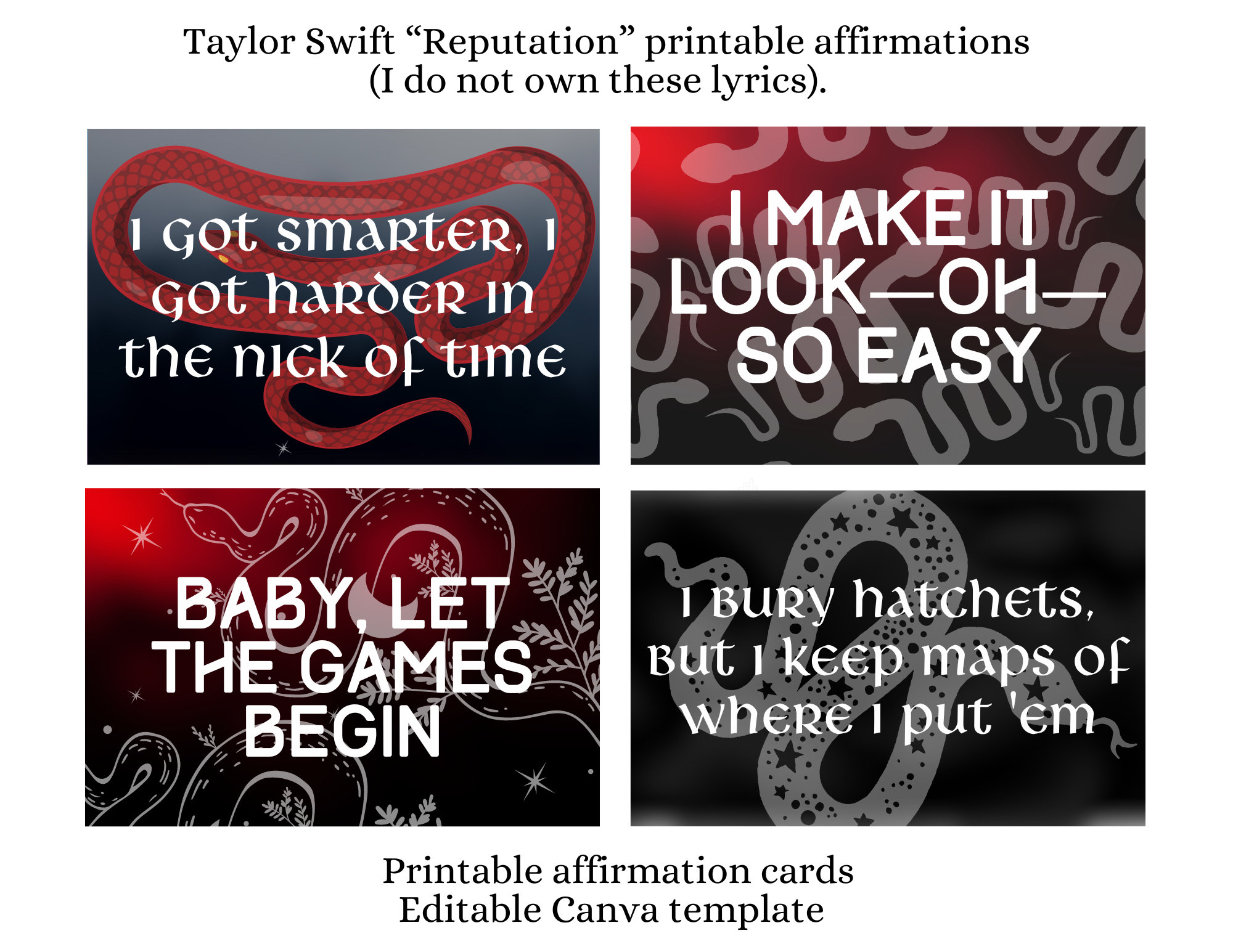 Canva Taylor Swift REPUTATION Theme Affirmation Card Template - Etsy
