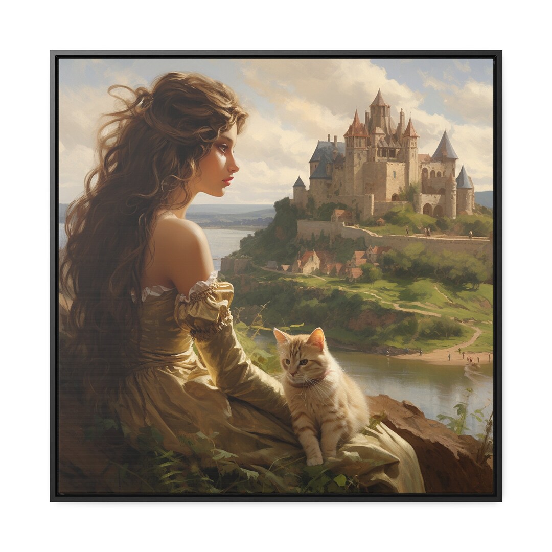 Framed Canvas | Regal Reverie: Princess, Cat, & Castle | Wall Decor ...