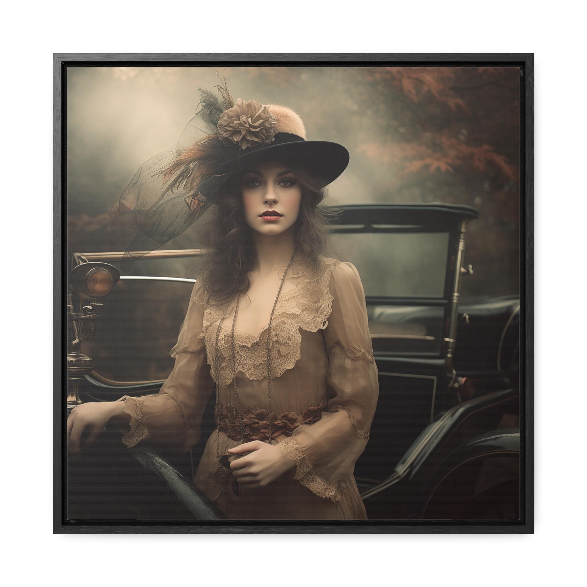 Framed Canvas | Vintage Socialite in Feathered Hat With Old Car ...