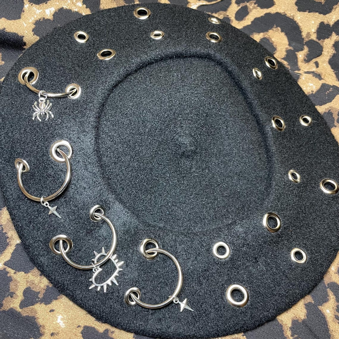 Edgy Grommet Black Beret With Silver Piercing Hoops & Charms – Alt Goth ...